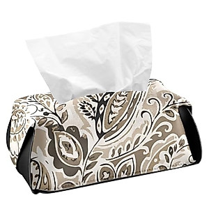Fustylead Brown Paisley Tissue Box Cover, Rectangle PU Leather Tissue Case for Tabletop, Bathroom, Car, Office