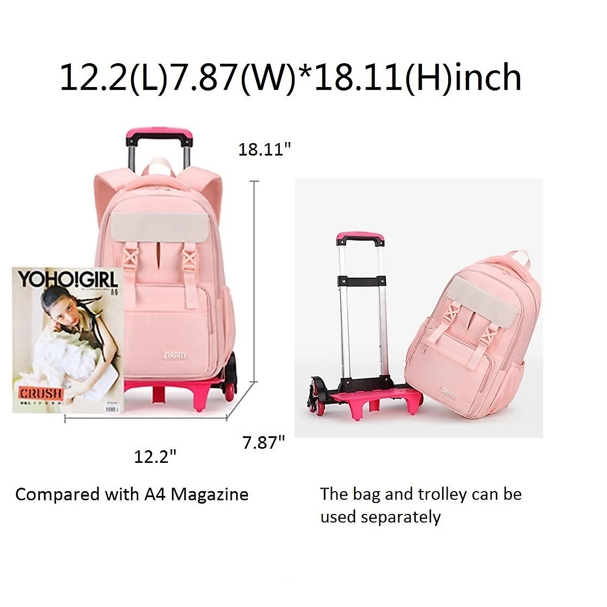 Rolling Backpack for Girls Boys with Wheels Solid Color Kids Trolley School Bag Wheeled Bookbag