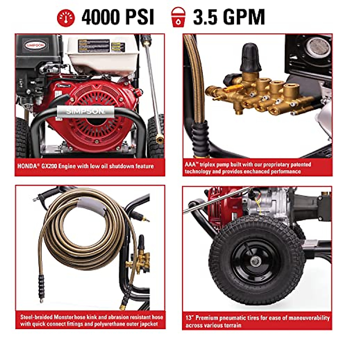 SIMPSON Cleaning PS60869 PowerShot 4000 PSI Gas Pressure Washer, 3.5 GPM AAA Triplex Pump, Honda GX270 Engine, Includes Spray Gun, Wand, 5 QC Nozzle Tips, 3/8-inch x 50-Foot Monster Hose, 49-State