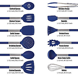 Kaiihome Silicone Kitchen Utensils Set - 12 Pieces Cooking Utensils Non-Stick Heat Resistance Silicon with Stainless Steel Handle - Blue
