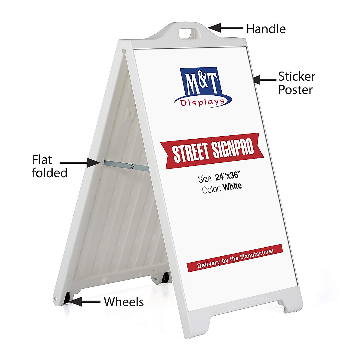 M&T Displays Street SignPro Board, White 24x36 Inch Weatherproof Sandwich Board A-Frame Sidewalk Curb Sign Holder Folding Portable Double Sided Advertising Display for Restaurant Cafe