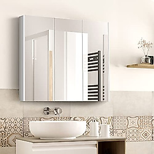 Tangkula Bathroom Medicine Cabinet with 3 Mirror Doors, Wall Mount Wide Mirrored Cabinet with Adjustable Shelf, Triple Mirrored Doors Storage Cabinet for Bathroom Living Room, 36 x 4.5 x 25.5 Inches