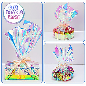 Seajan 32 in x 200 ft Iridescent Cellophane Wrap Roll, Rainbow Wrapping Paper Holographic Cellophane Wrap for Baskets Fairy Wings Flower Bouquet DIY Treats Christmas Gifts Wrapping(Iridescent)