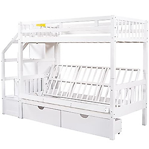 Twin Over Full Futon Bunk Beds with Stairs and Storage Drawers Convertible Wood Bunk Bed Frame Couch and Bed for Kids Boys Girl Adults Teens Dorm, White