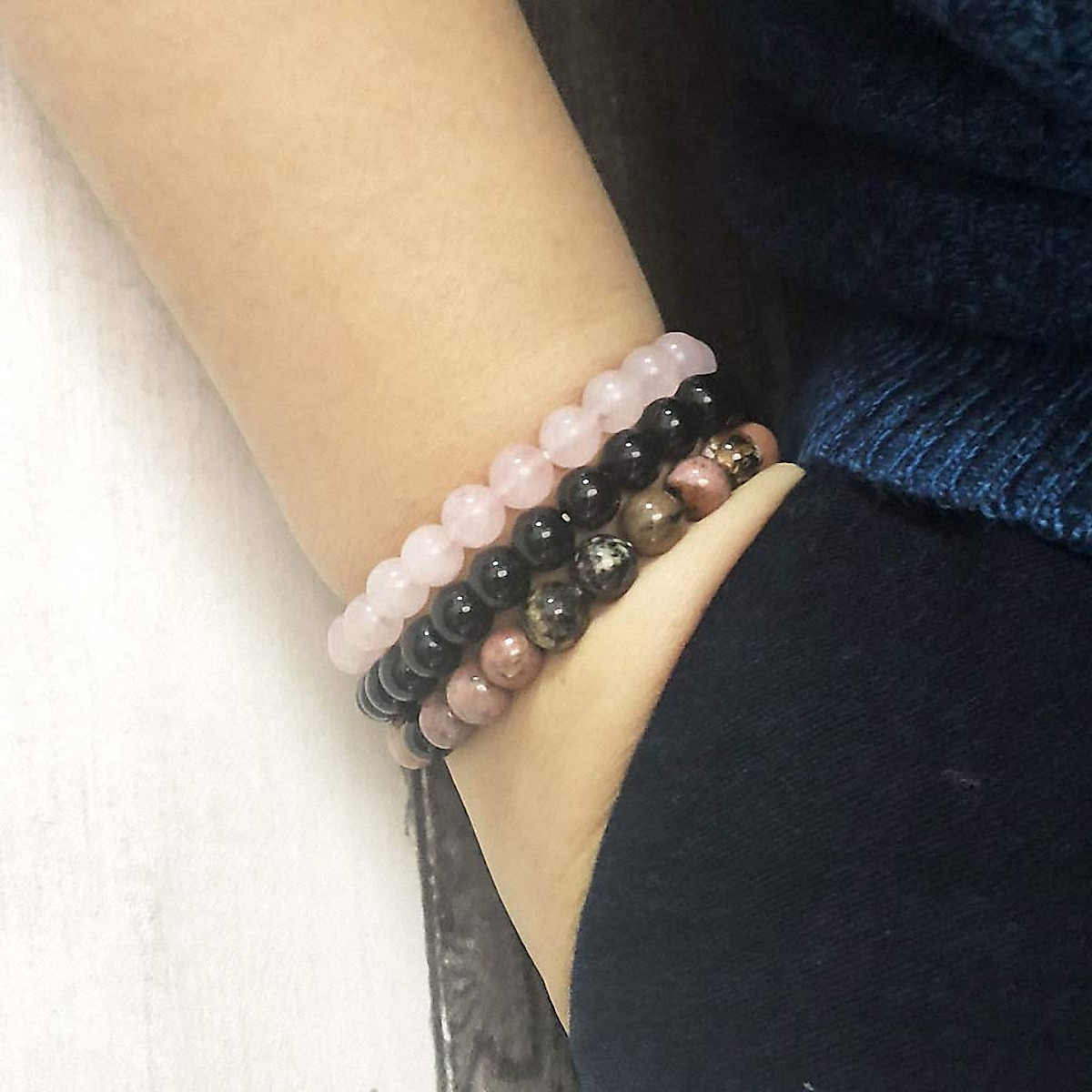 Womens 8mm Black Onyx Rhodonite Rose Quartzs Beaded Wrist Men Women Natural Stone Bracelet Sets Stackable Mala Bracelets, One Size, Zinc