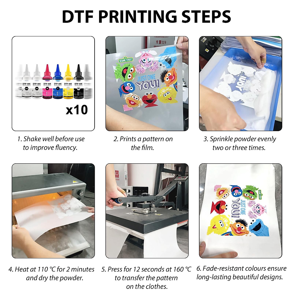 Kminoteh DTF Ink 600ML DTF Transfer Ink for PET Film, Premium Pigment Ink Refill for ET-8550 XP15000 L800 L805 R1800 R2400 Printers, High Fluidity & Coverage (100ML*6, 2W+BKCMY)
