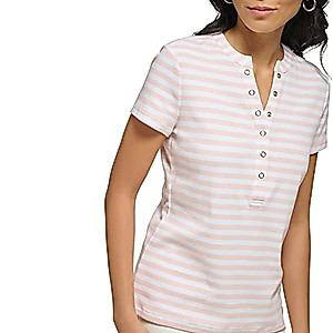 Calvin Klein Women's Comfortable Snap Detail Crew Neck Striped Short Sleeve, Petal/White