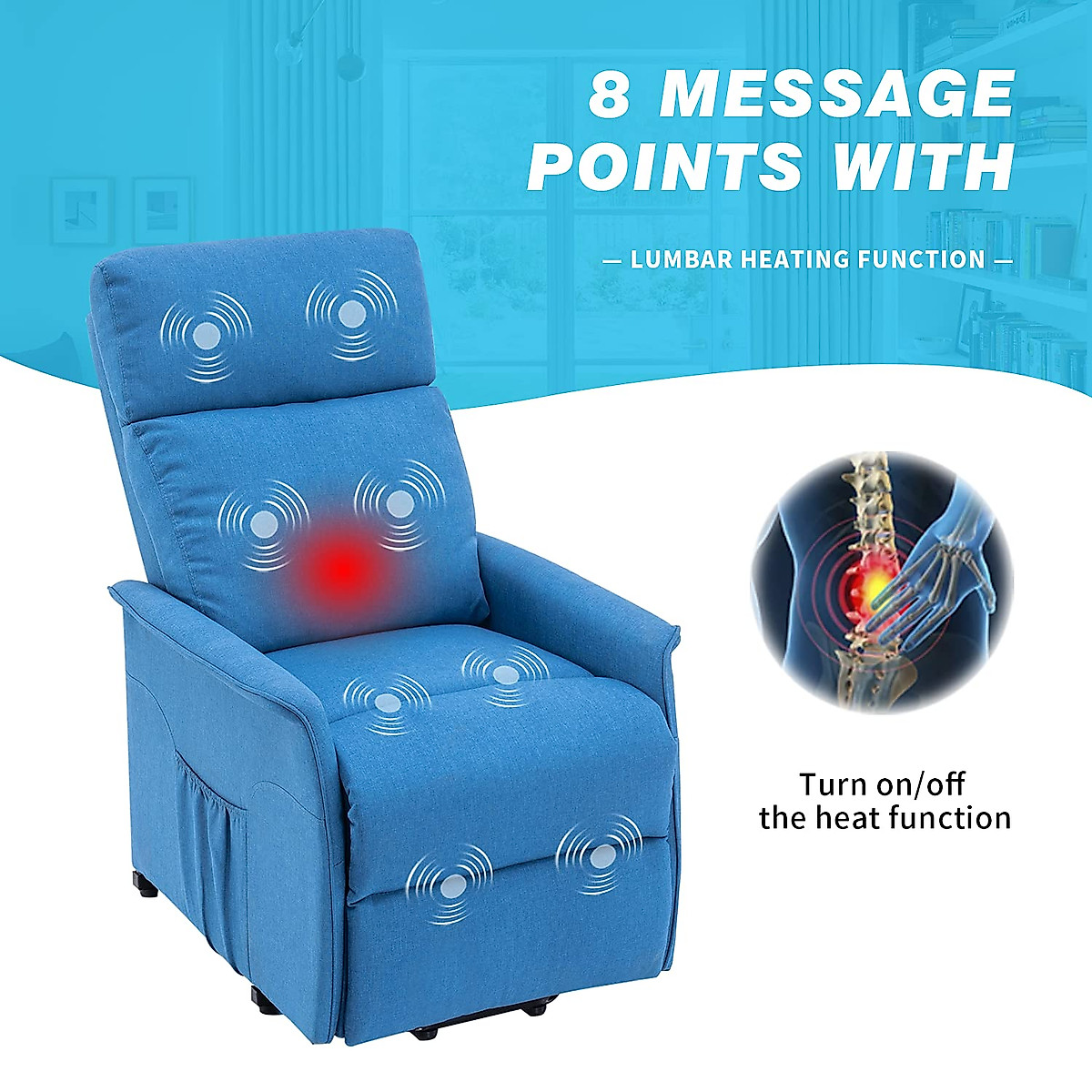 MELLCOM Power Lift Recliner Chair Sofa for Elderly with Massage and Heat, Fabric Electric Massage Recliner with Side Pocket and Wired Remote Control, Linen Blue