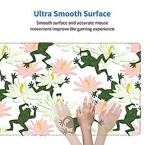 Frog and Water Lilies Gaming Mouse Pad XL,Extended Stitched Edges Mousepad,Large Mouse Pads Desk Pad,Long Non Slip Rubber Base Desk Mat for Work,Office,Home,Computer,Laptop