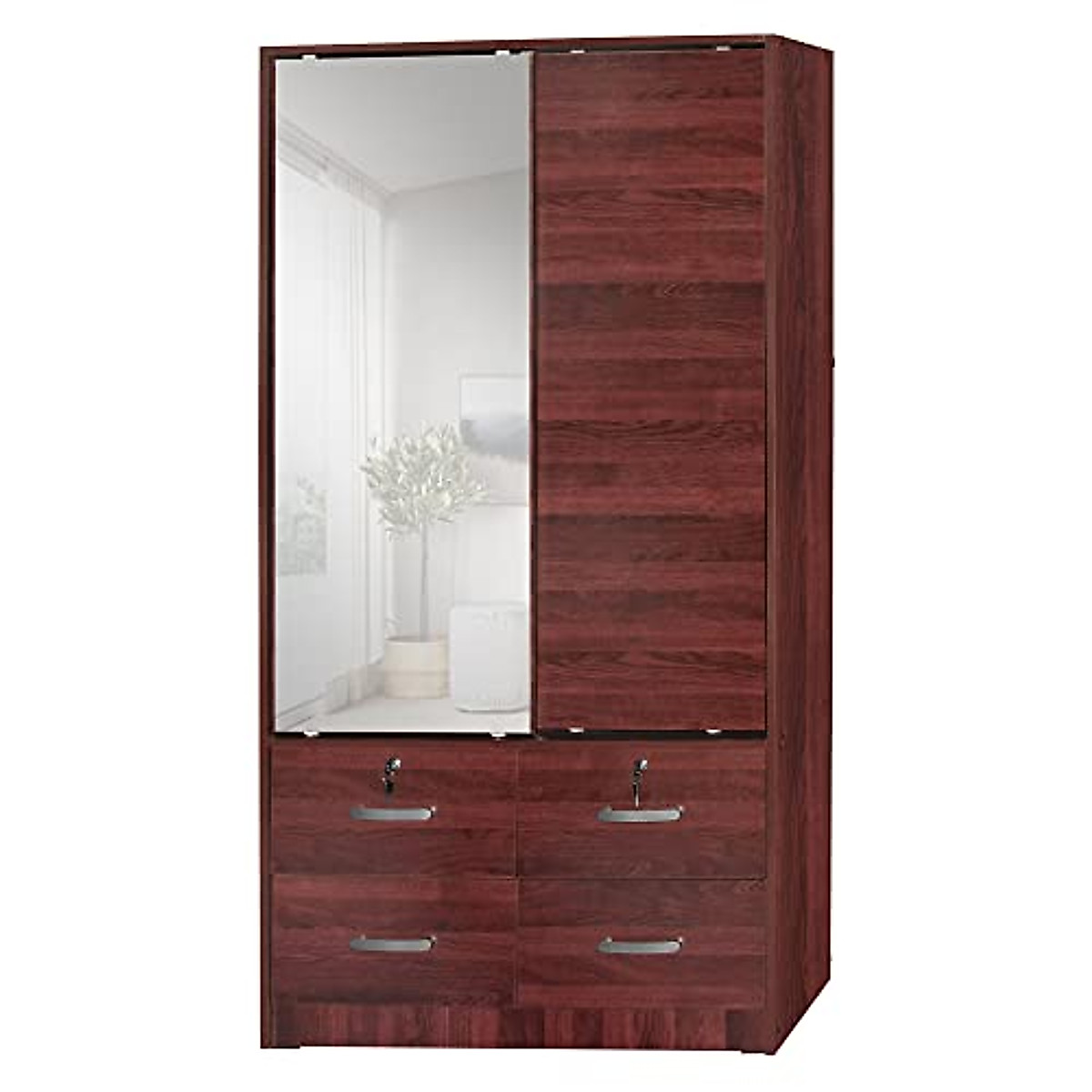 Better Home Products Sarah Double Sliding Door Armoire with Mirror in Mahogany