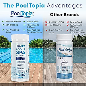 PoolTopia 7-Way Pool and Spa Test Strips, 125 Strips for Testing pH, Chlorine, Bromine, Water Hardness, Alkalinity & More - Pool, Spa and Hot Tub Test Strips