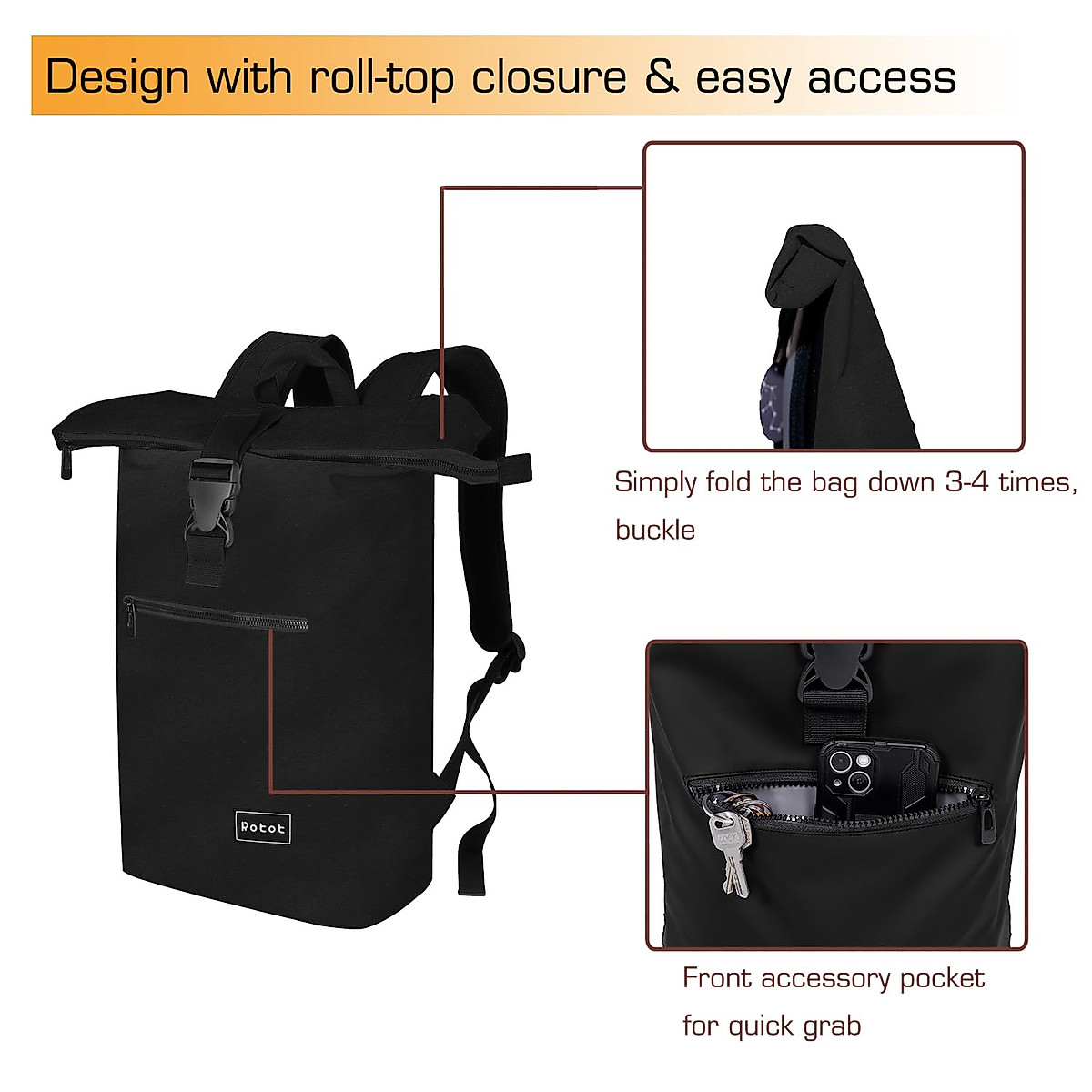 ROTOT Roll Top Travel Backpack, 22L High Volume Laptop Bag Carry on Accessories Essentials (Black)