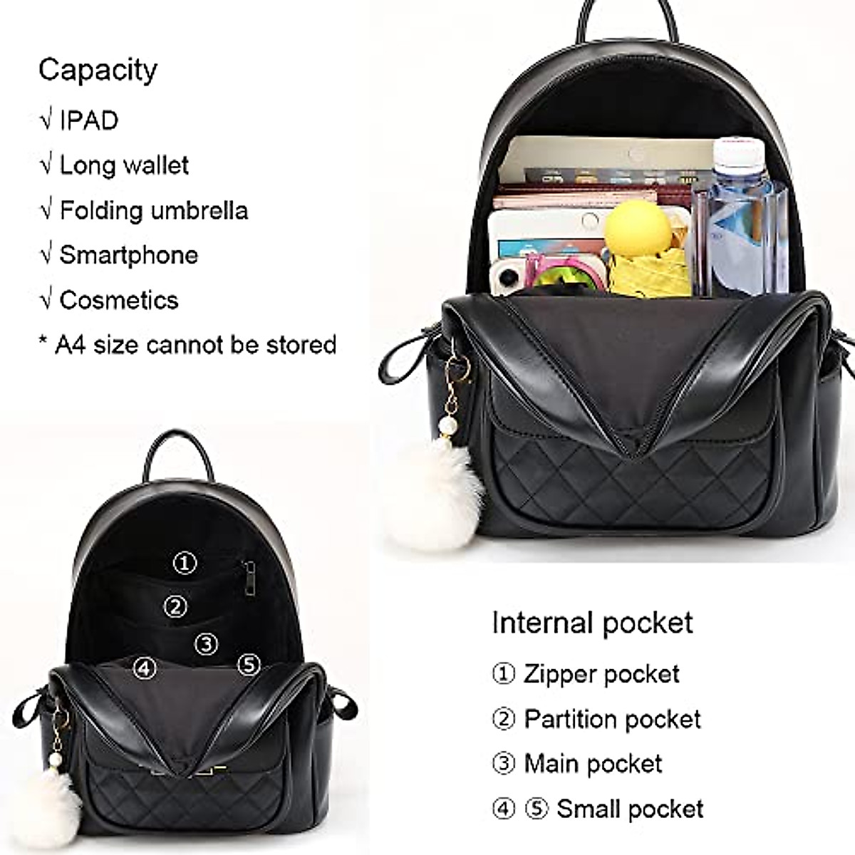 Backpack for Women Small Cute leather, Mini Rucksack Lightweight Travel for Teen Girls with Cat Shaped Lock, black, Small