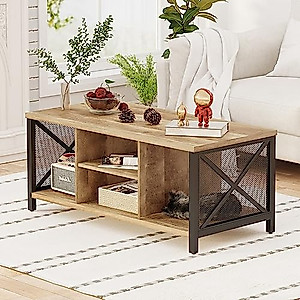 FATORRI Coffee Table for Living Room, Rustic Wood Center Table with Shelves, Farmhouse Rectangle Cocktail Tea Tables (Rustic Oak)