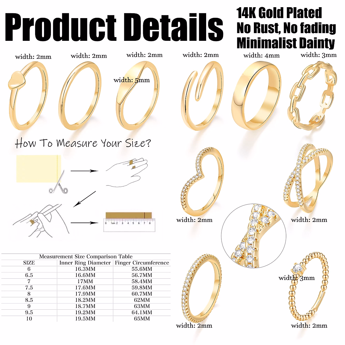 10 PCS Dainty 14K Gold Rings for Women, Open Twist Simulated Diamond Criss Cross Designs, Perfect for Stacking Layering on Thumb and Knuckle Engagement Rings in Sizes 8