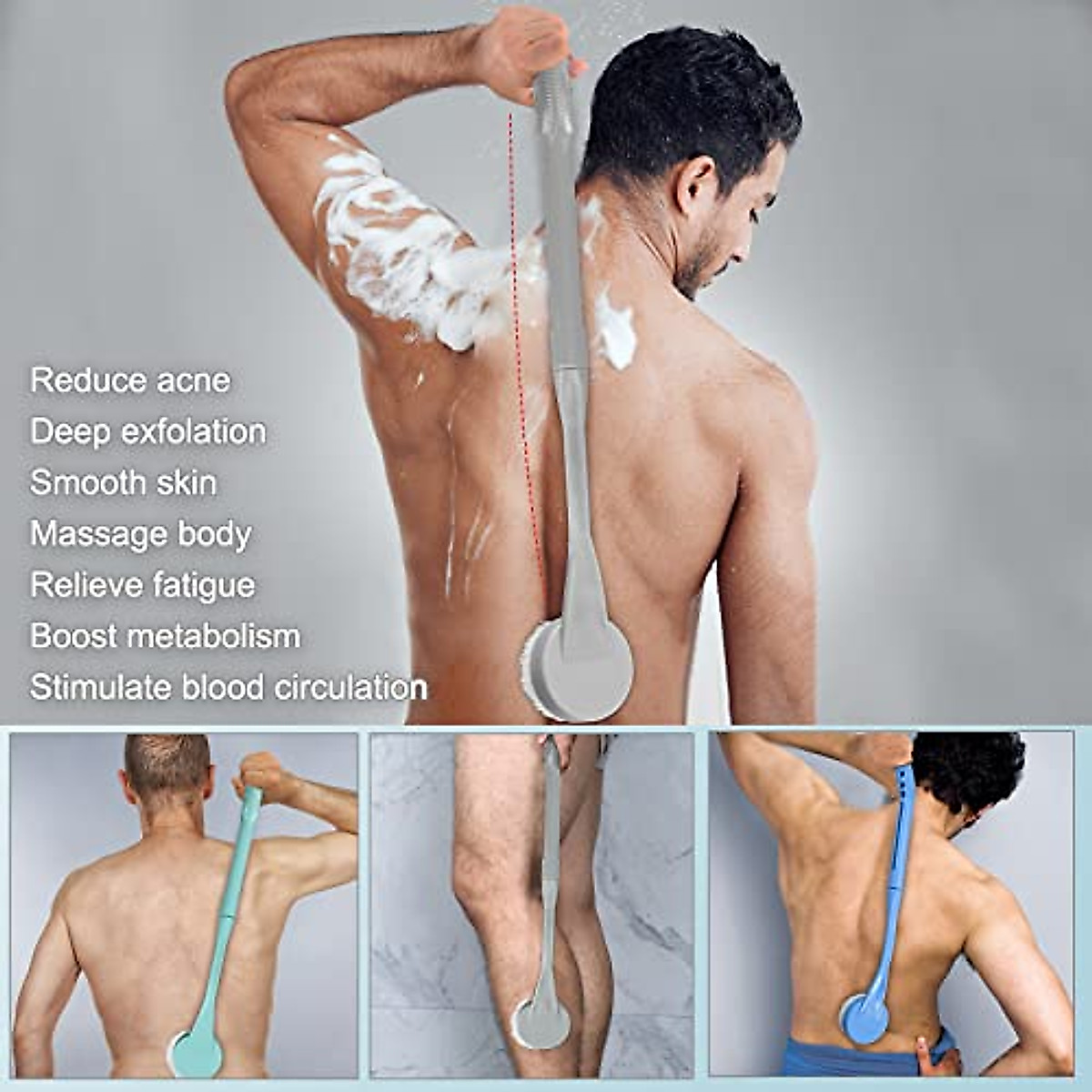 Back Brush Long Handle for Shower, 20.5” Bath Brush, Back Scrubber, Shower Body Brush with Curved Handle for Elderly Disabled, Limited Mobility, Frozen Shoulder,Men and Women