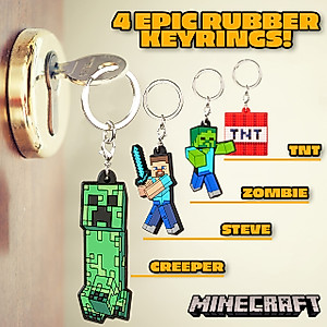 Minecraft Kids Keyrings and Silicone Wristband Set - Creeper Key Chain Set of 4, Collectables Gaming Gifts (Multi - Keyring Set)