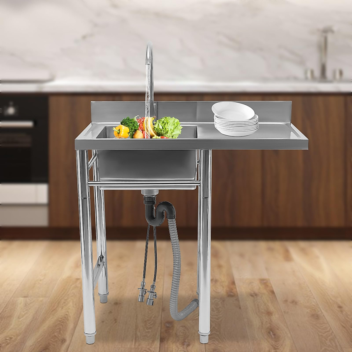 Free Standing Single Bowl Kitchen Sink, Stainless Steel Utility Sink with Drainboard, One Compartment Workbench Sink Commercial Sink for Restaurant, Laundry Room, Backyard, Garages