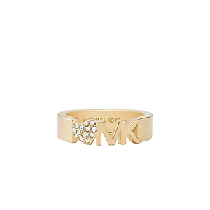 Michael Kors Brass and Pavé Crystal MK Logo Band Ring for Women, Size: 5, Color: Gold (Model: MKJ7978710)