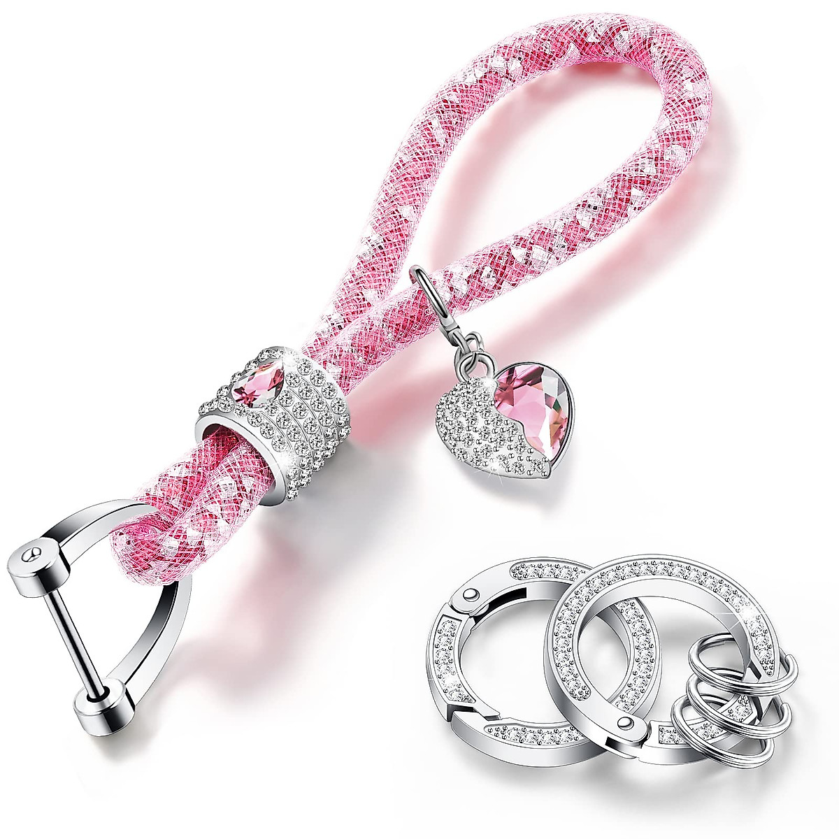 Crystal Car Keychain Bling Keychain Accessories Glitter KeyRing Strap with Heart Charm Key Decorations for Women Auto (Pink)