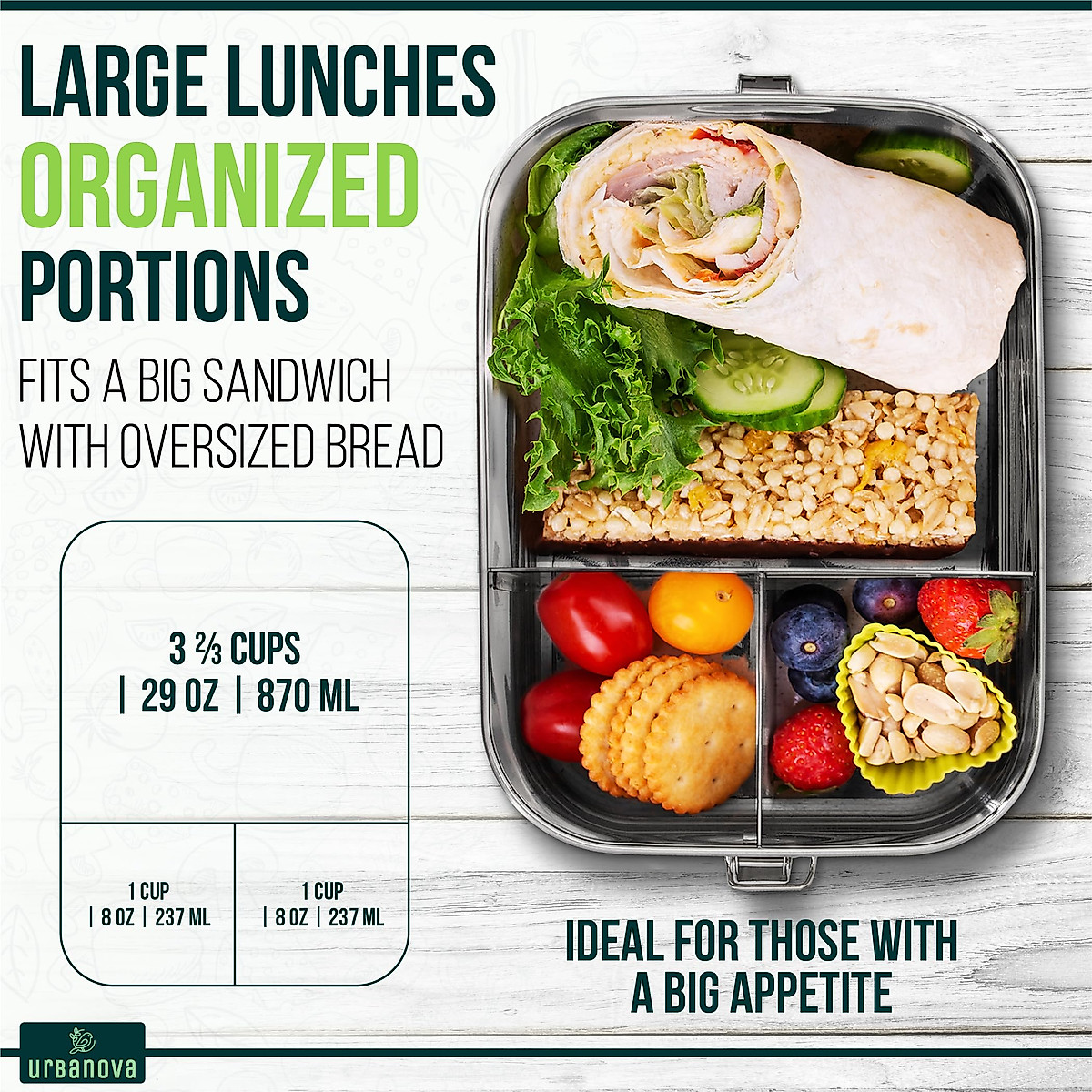 Large 304 Stainless Steel Bento Box for Adults (47oz) - Lunch Box Containers with 3 Compartments, Condiment Container & Leakproof Lid for Work Food Storage - Metal Lunch Box for Adults, Men, Women