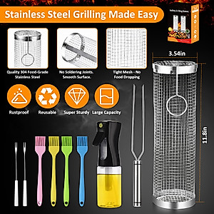 Grill Basket 2 PCS, BBQ Grill Basket, Rolling Grilling Basket, Stainless Steel Grill Mesh Barbeque Grill Accessories, Portable Grill Baskets for Outdoor Grill for Fish, Shrimp, Meat, Vegetables, Fries