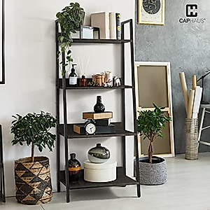 CAPHAUS 4 Tier Ladder Bookshelf, 24 Inch Width Free Standing Shelf, Bookcase Shelf Storage Rack Organizer, Industrial Book Shelves for Home Office, Living Room, Kitchen, Black Wooden Shelves