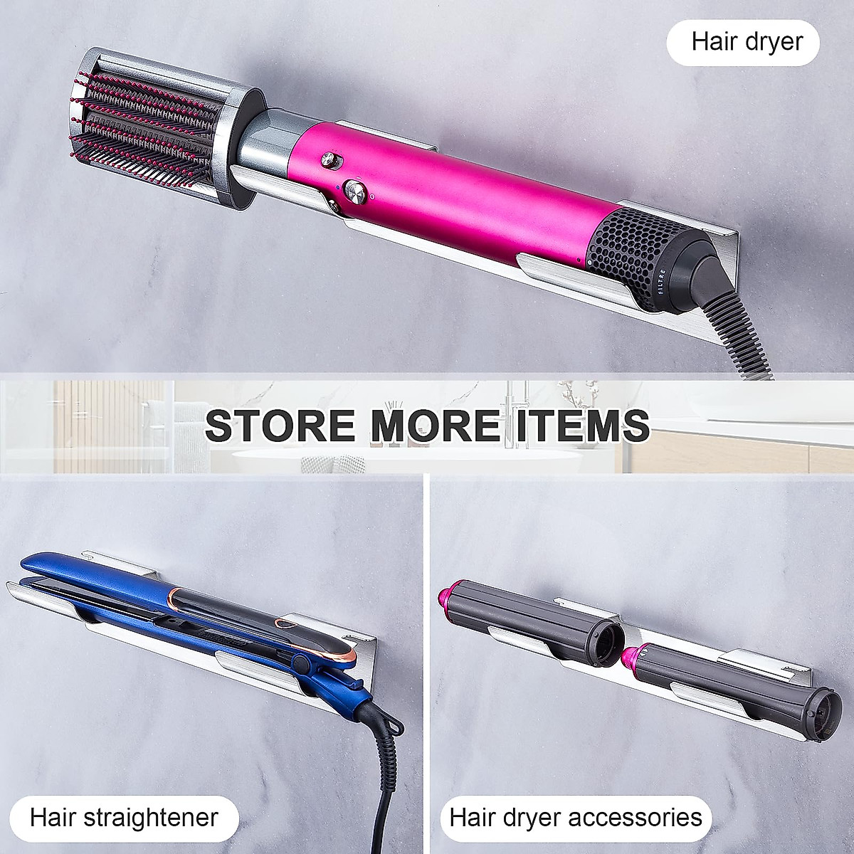YAYINLI Wall Mount Hair Dryer Holder for 7 in 1 Curling Iron Accessories, Adhesive Blow Dryer Holder, Hair Tools Organizer & Storage Curling Iron Holder, Stainless Steel Hairdryer Straightener Holder