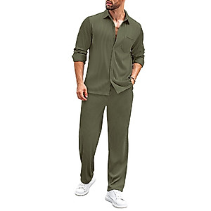 COOFANDY Mens Matching Shirt and Pants Set Long Sleeve Button Up Shirts Ribbed Pants with Pockets Lounge Tracksuits