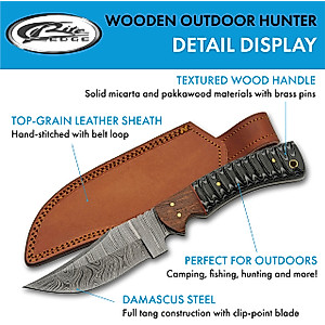 SZCO Supplies DM-1325 Combination Wood Handle Damascus Steel Outdoor Hunting Knife with Leather Sheath, 9.25" Length