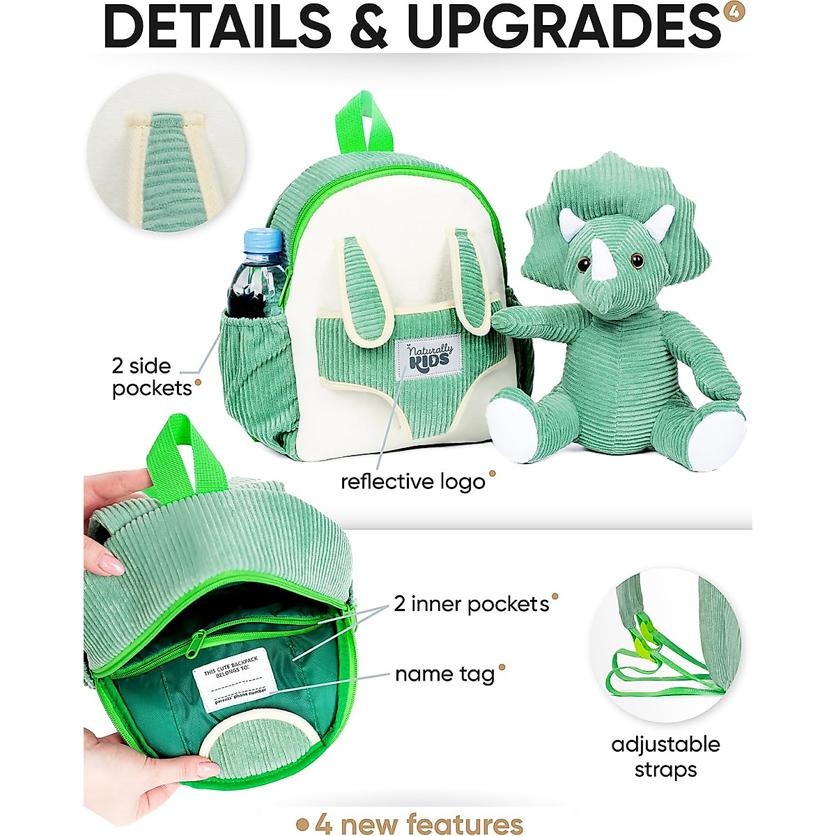 Naturally KIDS Green Dinosaur Toys for Girls, Triceratops Toy, Dinosaur Gifts for 2 3 Year Old Girls, Toddler Backpack