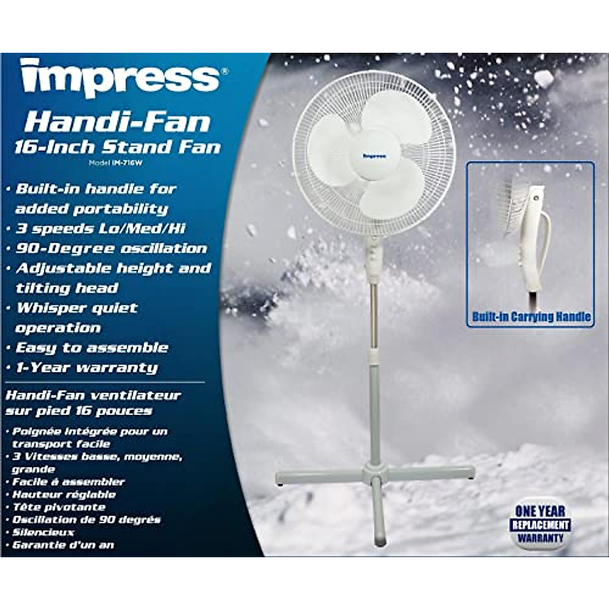 Impress Oscillating Stand Fan | 16-inch | Carry Handle | Quiet | Adjustable Height & Tilt | 3-speed (White)