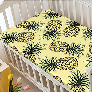 Pineapple Themed Fitted Crib Sheet,Standard Crib Mattress Fitted Sheet Soft and Breathable Bed Sheets-Baby Crib Sheets for Girl or Boy,28“ x52“,Pale Yellow Pale Green
