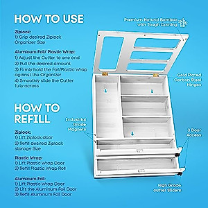 PastelAE Plastic Wrap Dispenser with Cutter & Ziplock Bag organizer,6 IN 1 Bamboo Foil & Plastic Wrap Organizer for Kitchen Drawer,Kitchen Organizers and storage for Gallon,Quart,Sandwich,Snack(White)