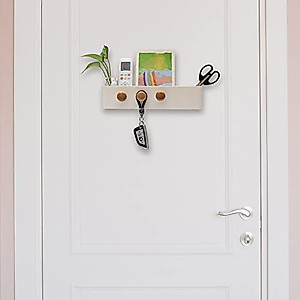 Bedside Floating Shelf with Wooden Hooks, Wall Adhesive Shelf in Bedroom, Bathroom, Dorm, Storage Organizer for Phone, Glasses, Tv Remote, Keys, Headphones (White)