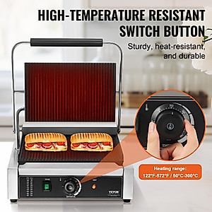 VEVOR Commercial Panini Grill, 1800W Electric Sandwich Panini Maker, Stainless Steel Sandwich Press, Panini Grill with Temp Control & 14"x9" Full Grooved Enamel Plate, for Hamburger Steak Bacon