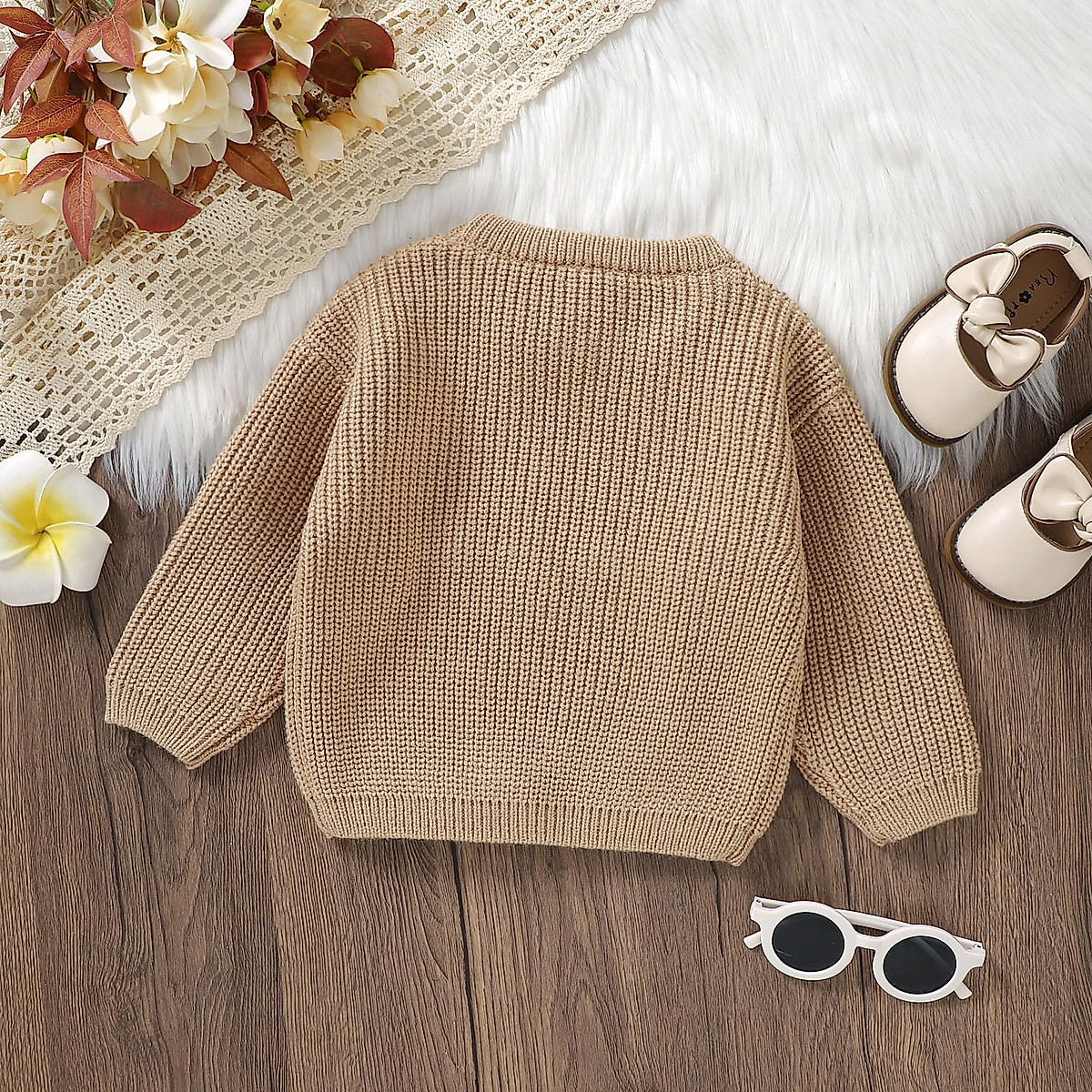 Baby Girl Cable Knit Sweater Long Sleeve Boho Floral Embroidery Oversized Sweatshirt Warm Fall Winter Clothes (Khaki-Babe, 6-9 Months)