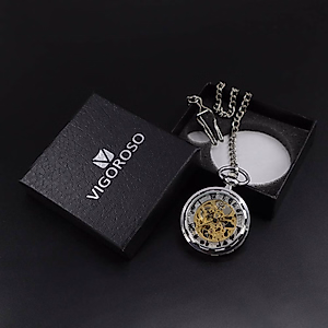 VIGOROSO Mens Classic Steampunk Pocket Watch Gold Skeleton Hand Wind Mechanical Watches in Box