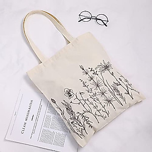 4 Pcs Canvas Tote Bag for Women Floral Cat Mushroom Tote Bags Aesthetic Reusable Shopping Tote Bag for Girls Christmas Gift(Wildflower)