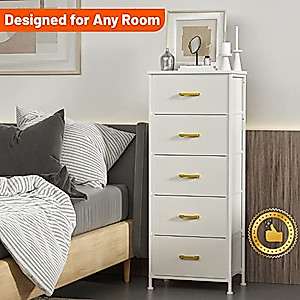 YILQQPER Dresser for Bedroom with 5 Drawers, Tall Storage Tower for Closet, Living Room, Nursery, White Dresser with Sturdy Steel Frame, Fabric Bins, Leather Finish, Wood Top (Glacier White)