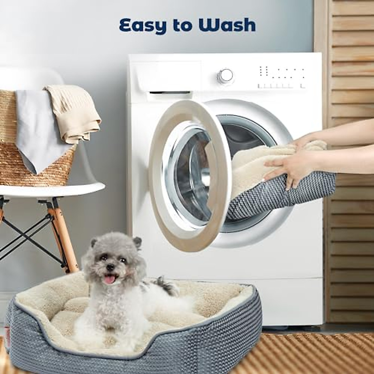 Miguel Dog Bed with Removable Cushion/Pillow for Medium Small Dogs, Washable Pet Bed with Side Easy to Wash Puppy Bed, Large Rectangle Cat Bed for Indoor Cat with Anti-Slip Bottom, Gray 30 Inch