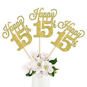 12 Pack Happy 15th Birthday Centerpiece Sticks Glitter Fifteen Cheers to 15 Years Old Table Centerpiece Sticks for 15 Fabulous Birthday Theme Party Supplies Gold