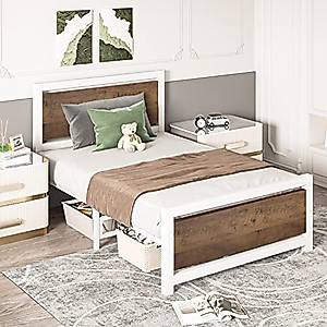 4 EVER WINNER Twin Bed Frames Wood with Headboard, Twin Size Platform Metal Bed Frame, Heavy Duty Steel Slat Twin Metal Bed Frames, No Box Spring Needed, Mattress Foundation, Anti-Slip, Easy Assembly