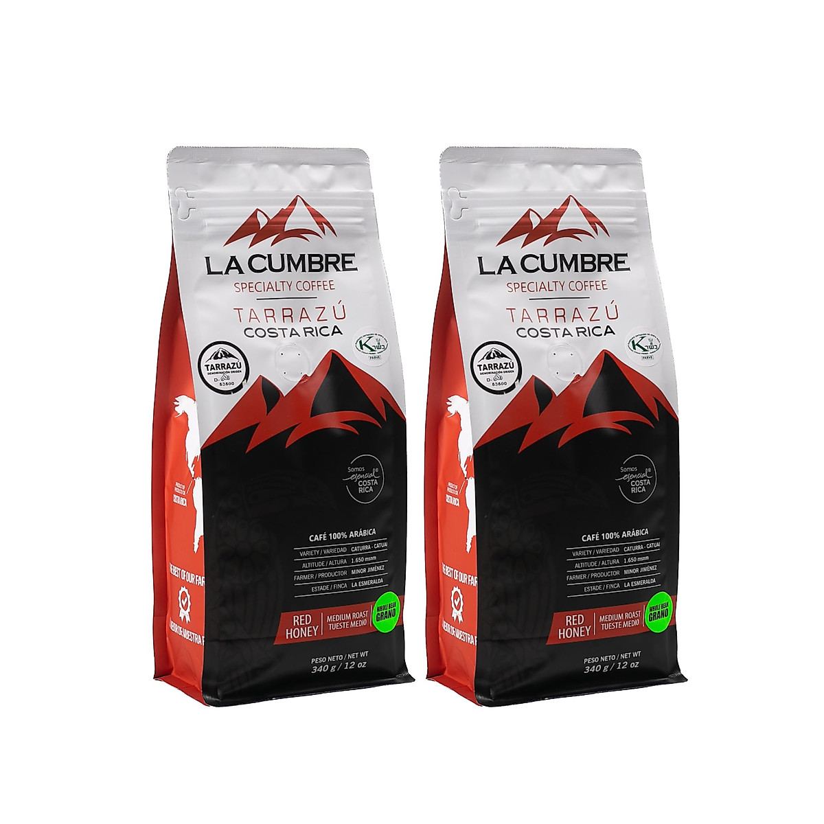 La Cumbre Specialty Coffee Whole Bean Medium Roast, Arabica Beans, Low Acid, Gourmet Whole Bean, Vegan, Kosher & Keto Friendly, Red Honey Process 12 oz, 2 Pack