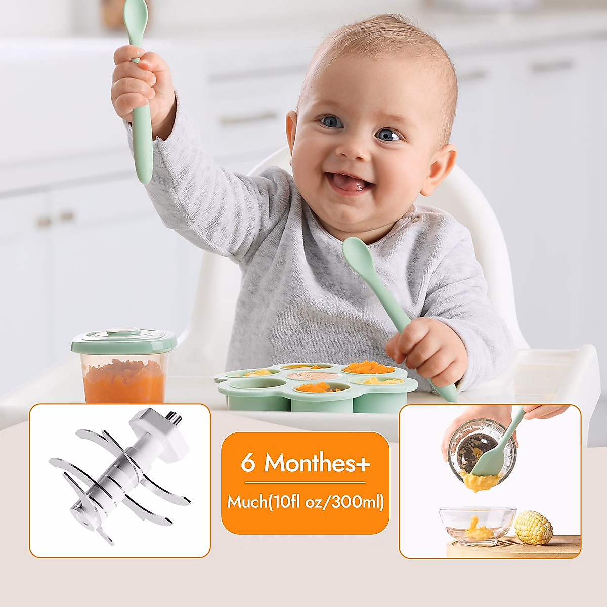 NCVI Puree Baby Food Processor Glass Set, Mini Infant Food Maker Blender Machine with 8 Blades and Grinding Disc, Small Blender Including Food Containers, Silicone Tray and Tableware, Green