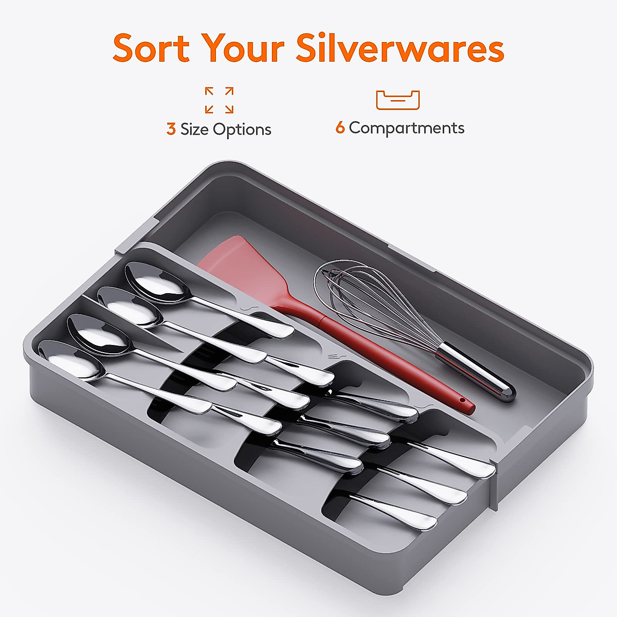 Lifewit Silverware Organizer, Compact Utensil Organizer for Kitchen Drawer, Expandable Flatware and Cutlery Tray, Adjustable Plastic Spoons Forks Knives Storage Holder Organization, Gray