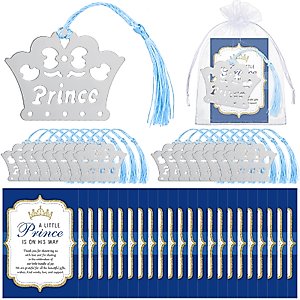 Kolldenn 50 Sets Baby Shower Favors for Guests Included Crown Metal Bookmarks with Tassel Thank You Cards Organza Bags Baby Shower Return Gifts for Gender Reveal Party(Blue,Prince)
