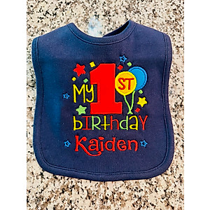 Fantasy Kids Designs First Birthday Boy Bib Personalized with Baby Name (Navy Blue Bib/Red)