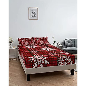 Christmas Fitted Bed Sheet Full Size,Winter Snowflake Soft Bottom Sheet with Pillow Case,Green Red Tartan Plaid Fitted Sheet Bedding Set for Mattress Fit 5"-16" Deep Pockets