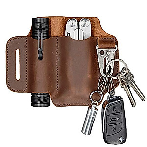 XXL EDC Leather Sheath, Leather Knife Belt Sheath Organizer, Tool Pouch Sheath for Most Leatherman Multitools, Key Ring Holder Fob, Holster for 5 inch Knives, Fit Most Tactical Flashlights. Chestnut.